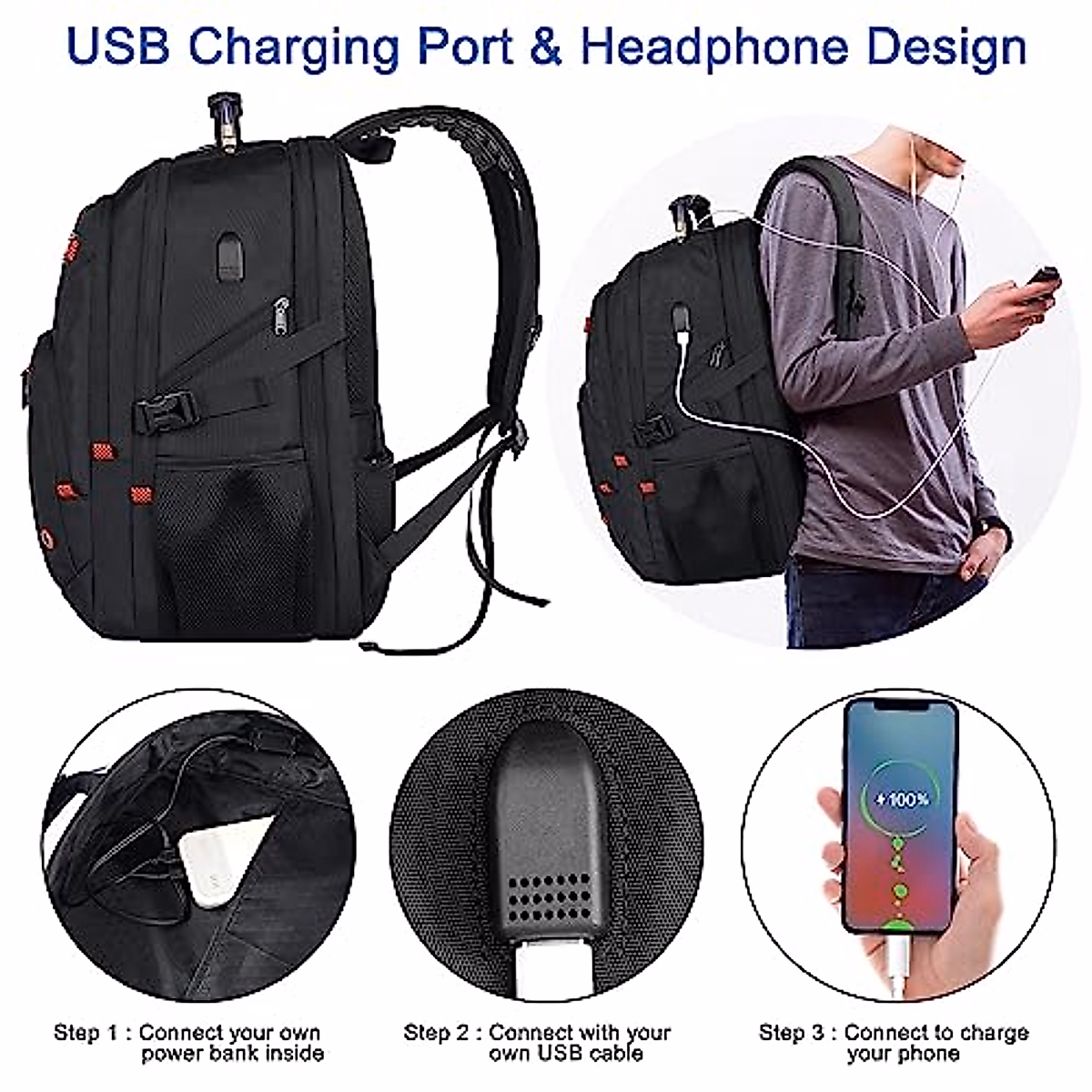 Extra Large Laptop Backpack, Travel Backpack 50L, Waterproof Computer Backpack with USB Port, TSA Approved Business Bag for Men Women Teacher, Heavy Duty Backpack Fits 17.3 Inch Laptop & Notebook, Red