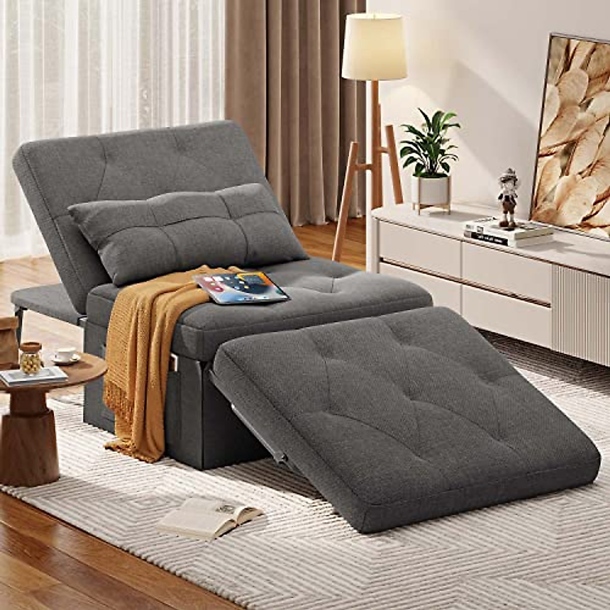 Aiho Sofa Bed, 4 in 1 Sleeper Chair Bed Coverts to Guest Bed Folding Ottoman with Adjustable Backrest, Modern Breathable Linen Couch Bed for Living Room Apartment Office, Dark Grey