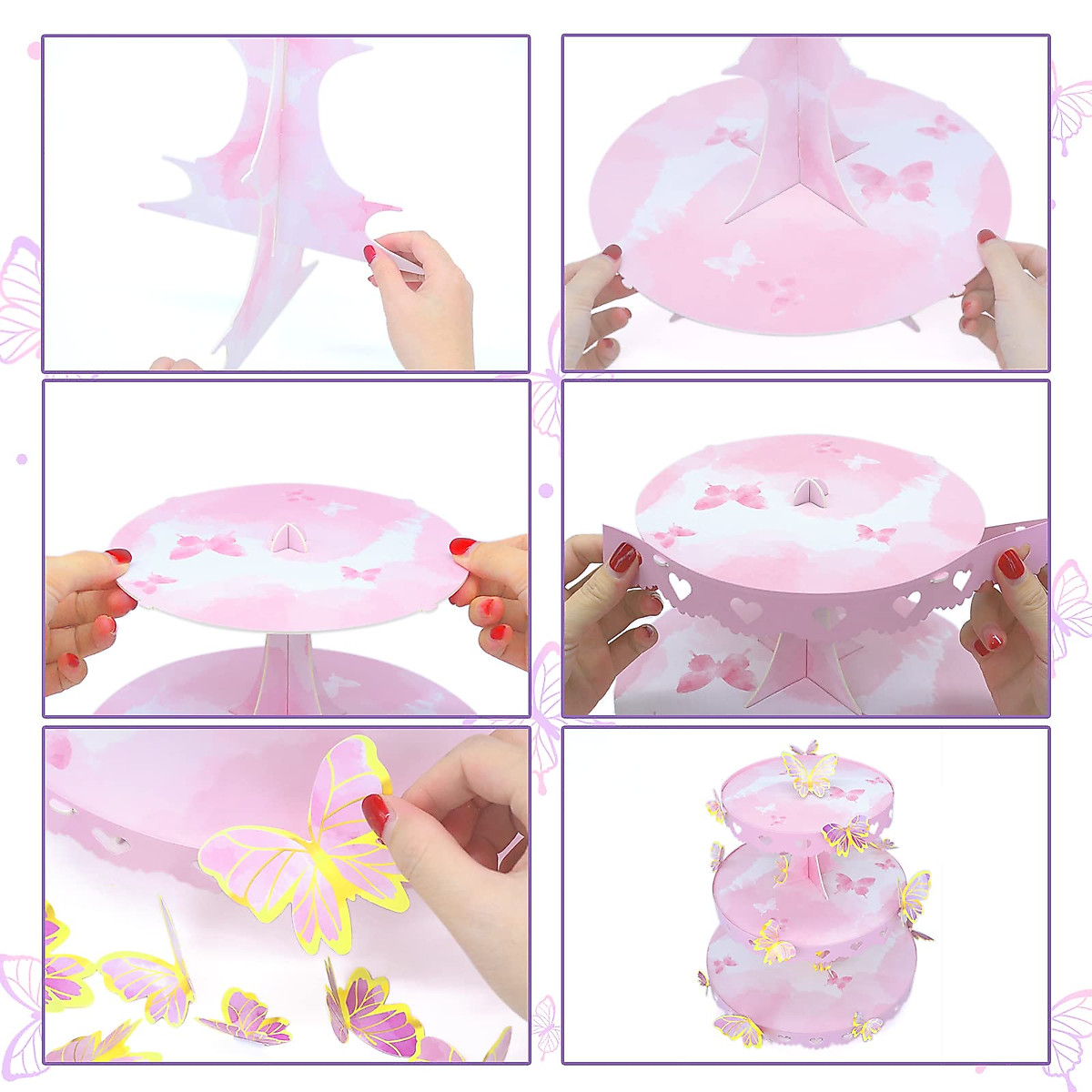 WEEPA Butterfly Cupcake Stand Birthday Party Supplies 3-Tier Round Cupcake Stand DIY Pink Cake Stand Display Table for Theme Party Birthday Baby Shower Wedding