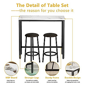 Hooseng Bar Table Set of 2, 39.3" Pub Height Table Set with Faux Marble Tabletop and 2 Round Stools, 3 Piece Kitchen Table Set Ideal for Dinner Room, Living Room, Breakfast Nook, Small Spaces, White