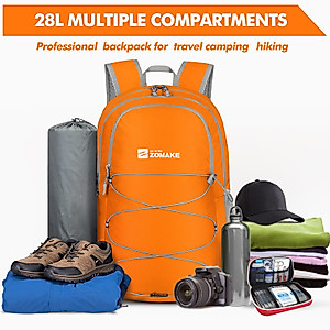 ZOMAKE Lightweight Packable Backpack 28L - Foldable Backpack Water-Resistant Collapsible Backpack Light Daypack for Hiking(Orange)