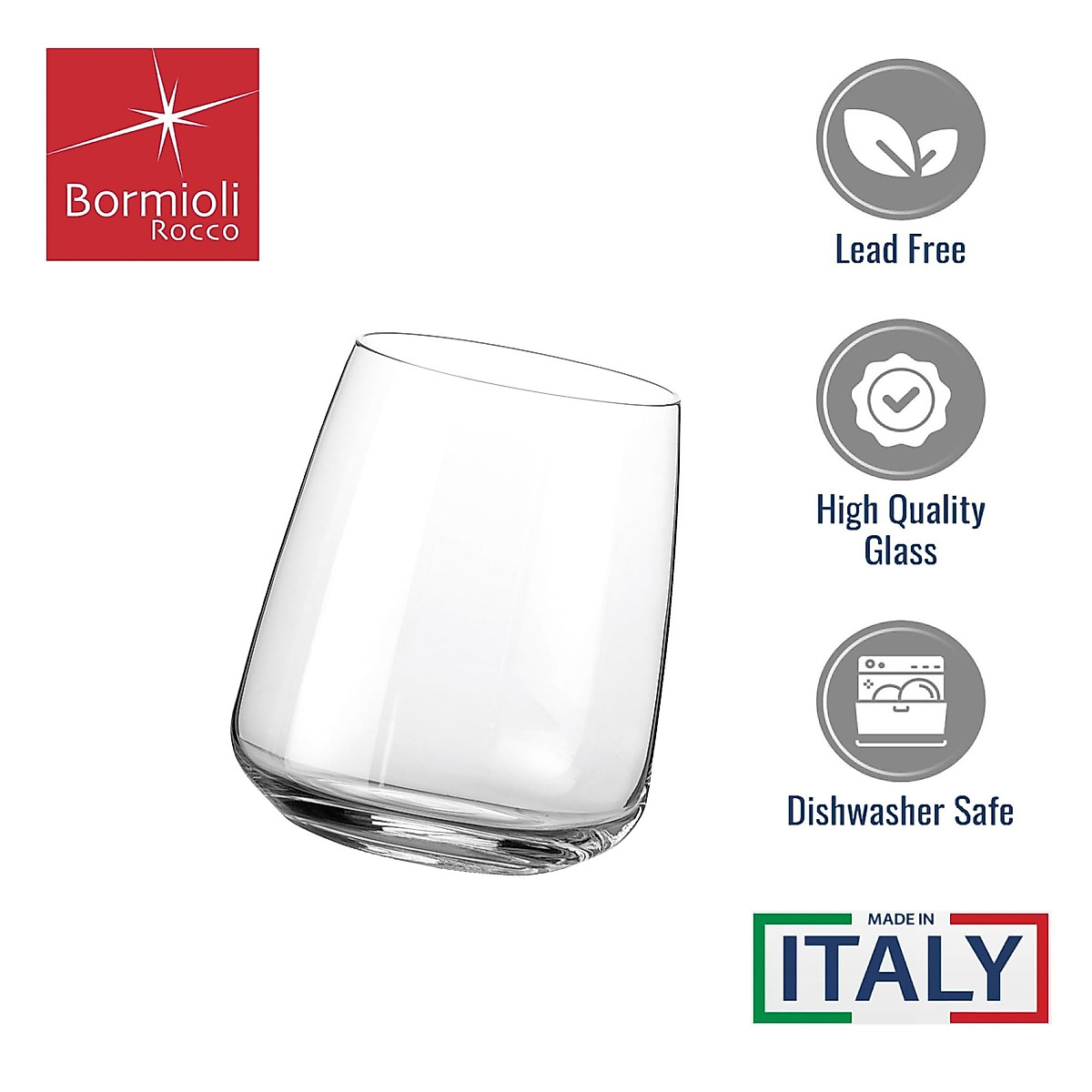 Bormioli Rocco Planeo Set Of 4, Stemless Wine Glasses, And DOF Drinking Glass, 12.25 Oz, Clear Crystal Star Glass, Dishwasher Safe, Made In Italy.