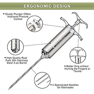Culinary Hutch Meat Injector Syringe with Meat Tenderizer - 304-Stainless Steel Meat Injector Syringe Kit, 3 Needles, 3 Brushes, O-Rings set - Grilling, BBQ Accessories, 2-oz Large Capacity Barrel