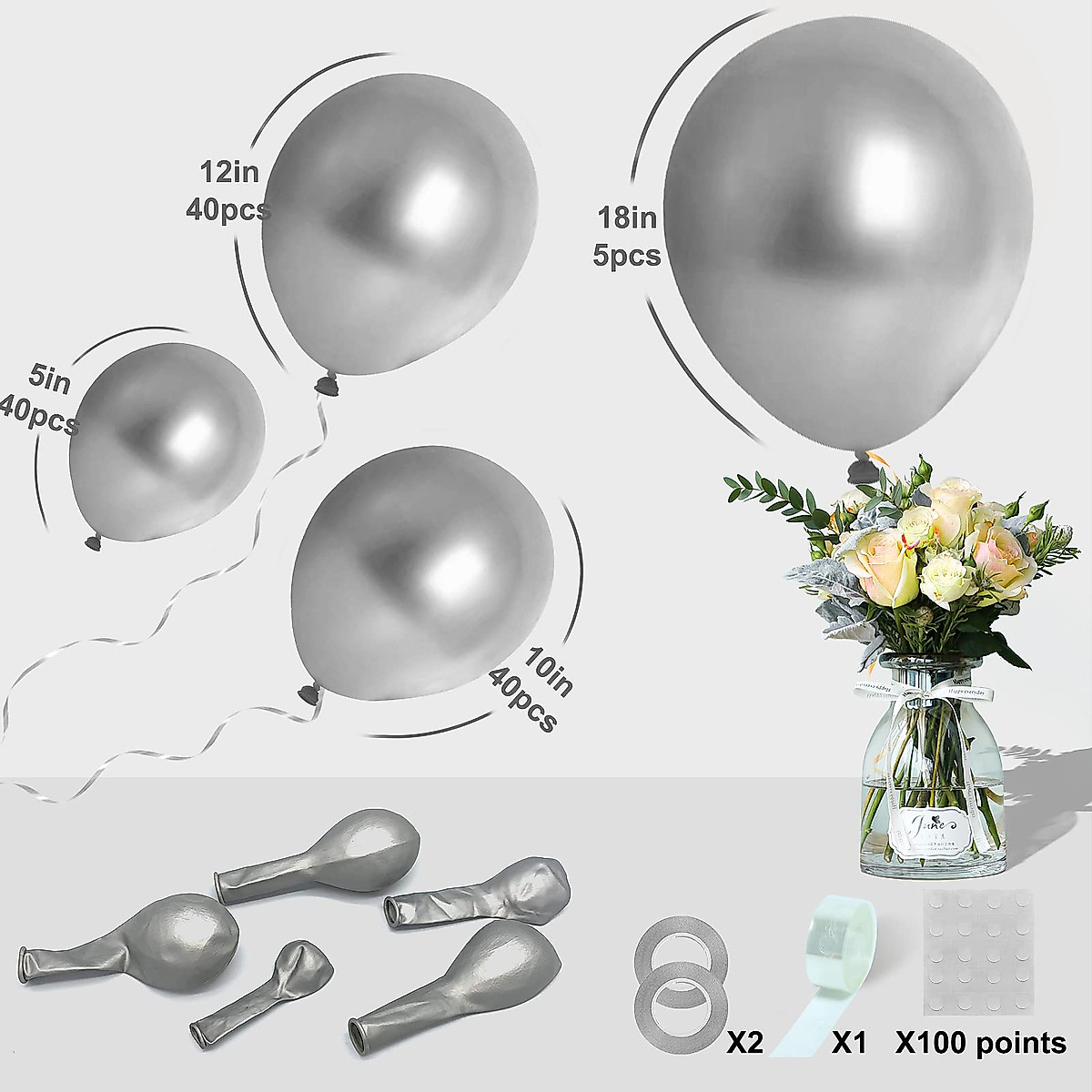 FOTIOMRG 125pcs Metallic Silver Balloons Different Sizes Pack, 18 12 10 5 inch Chrome Silver Latex Balloons Garland Kit for Birthday Baby Shower Disco Graduation Party Decorations