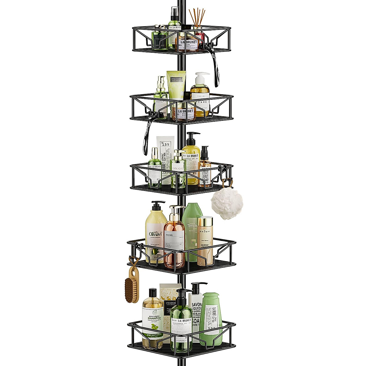 Skycarper 5 Tier Adjustable Corner Shower Caddy Organizer with Hooks,Rustproof Tension Pole 62-116 Inch, Black