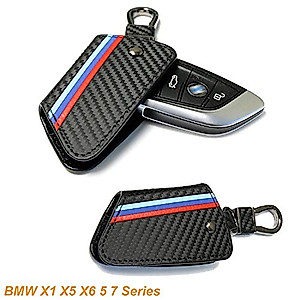 Xotic Tech M-Colored Stripe Carbon Fiber Leather Remote Key Fob Cover Case Compatible with BMW X1 X5 X6 5 7 Series F48 F15 F16 G30 G31 G11 G12