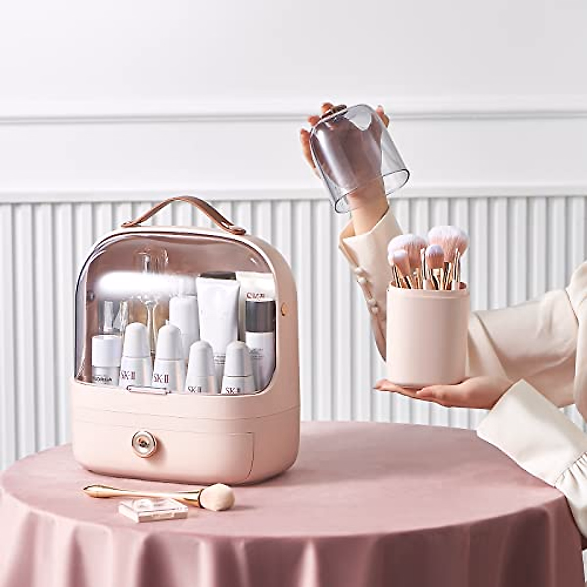 MIUOPUR Large Makeup Organizer with Brush Holder, Cosmetic Display Case with Drawer, Waterproof and Dustproof Transparent Cover, Portable Handle, Suitable for Bathroom and Bedroom -Pink