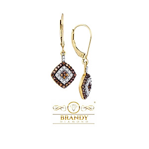 Brandy Diamond 10k Yellow Gold Chocolate Brown Diamond Sparkling Diamond Halo Dangle Earrings 1/2 Ctw.