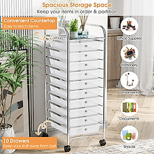 RELAX4LIFE Storage Cart W/10 Drawers,Rolling Wheels Semi-Transparent Multipurpose Mobile Rolling Drawer Cart for School, Office, Home, Beauty Salon Files Arrangement Storage Organizer Cart (Clear)