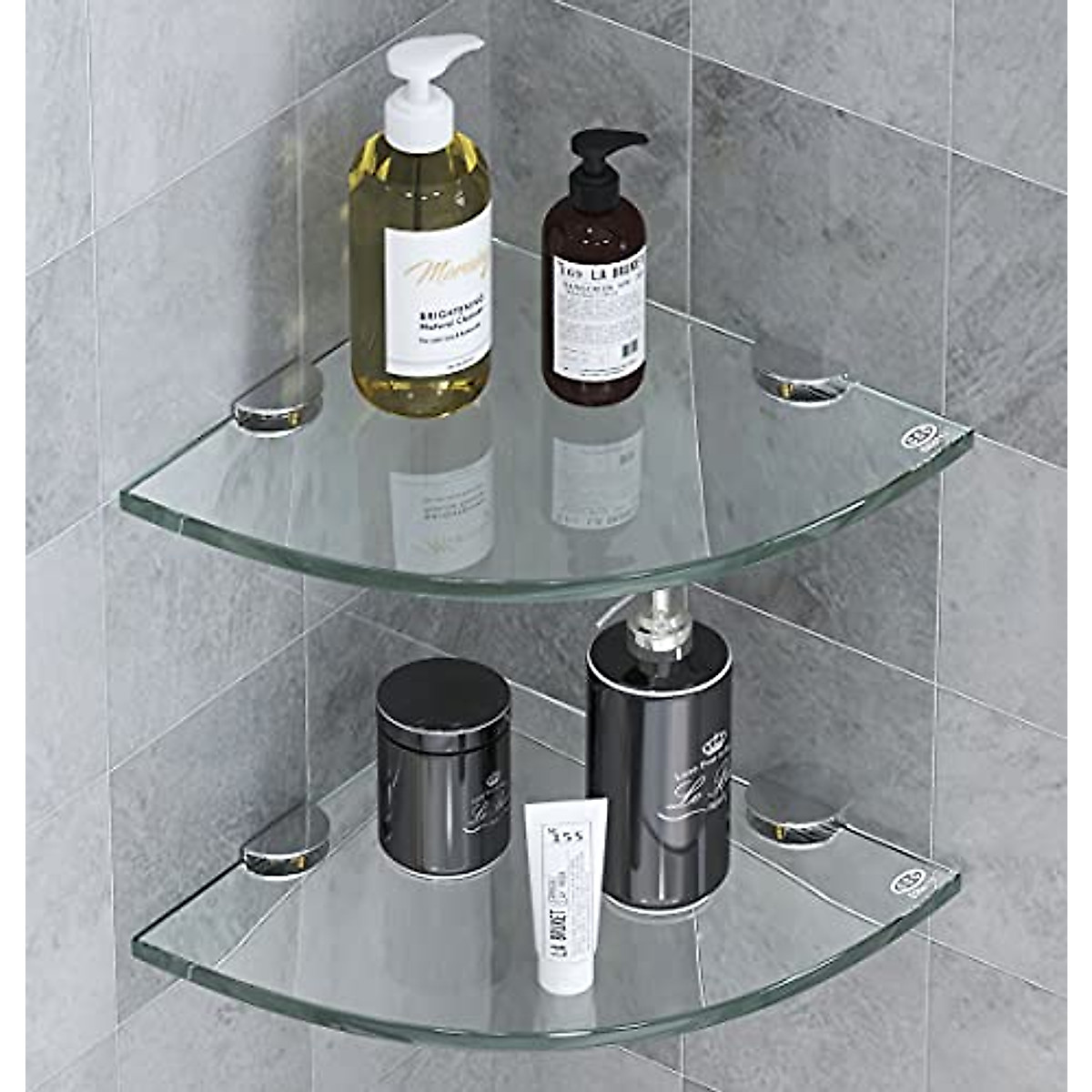 SHUAIAIW Bathroom Corner Organizer Shelves Shower Caddy Shelf Wall Mount Set of 2 Tempered Glass Shelf Shower Holder for Shampoo and Soap Organizer Adhesive Corner Shelf No Drilling