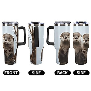 LLUTSNTH 40 Oz Vacuum Tumbler with Black Handle Leakproof Insulated Tumbler Cute Otter Stainless Steel Travel Mug with Lid And Straw Coffee Cup Cute Water Bottles Cup Holder Friendly