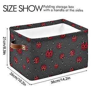 Kigai Black Ladybugs Storage Basket 2pcs, Large Collapsible Toys Clothes Organizer, Durable Canvas Storage Bin with Handle for Shelves Closet Laundry Home Office Decor