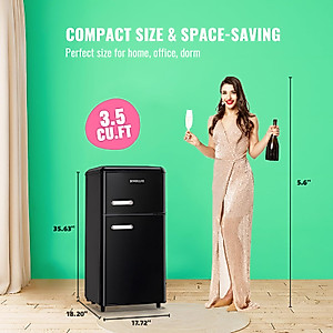 DEMULLER 3.5 Cu.ft Black Mini Fridge 2 Door Compact Refrigerator with Freezer, Small Refrigerator with 7 Adjustable Temperature Control, 2 Removable Glass Shelves and 1 Crisper Drawer