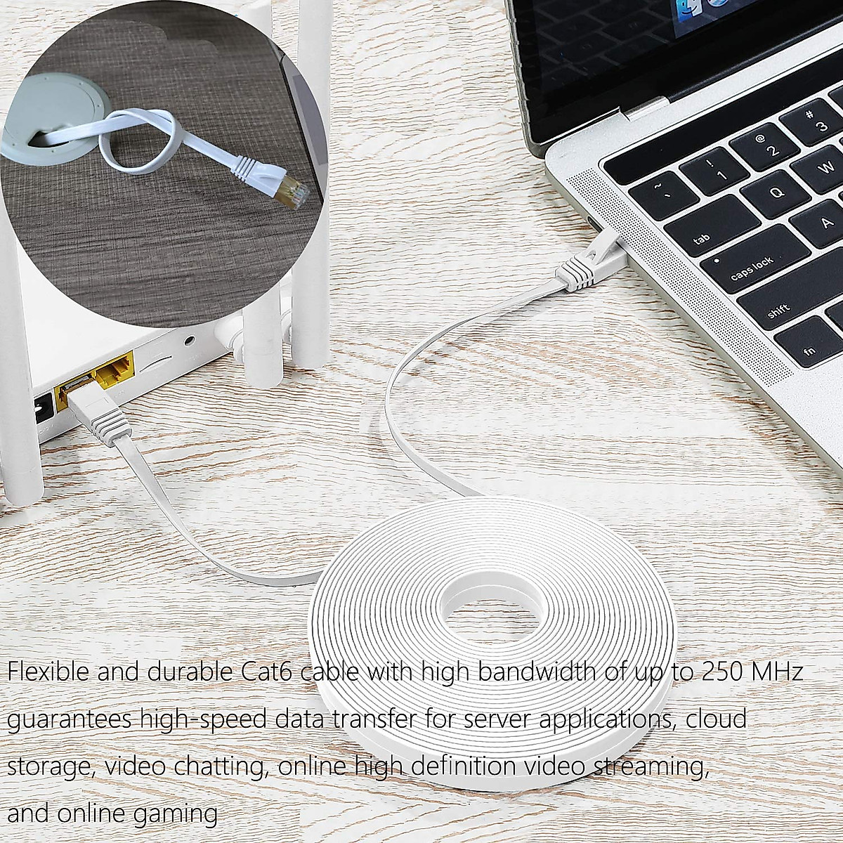 Flat Cat6 Ethernet Cable 200 Ft with Cable Clips, comtelek cat 6 Ethernet Rj45 Patch Cable, Slim Network Cable, Thin Internet Computer Cable - 200 Feet White(60 Meters)…