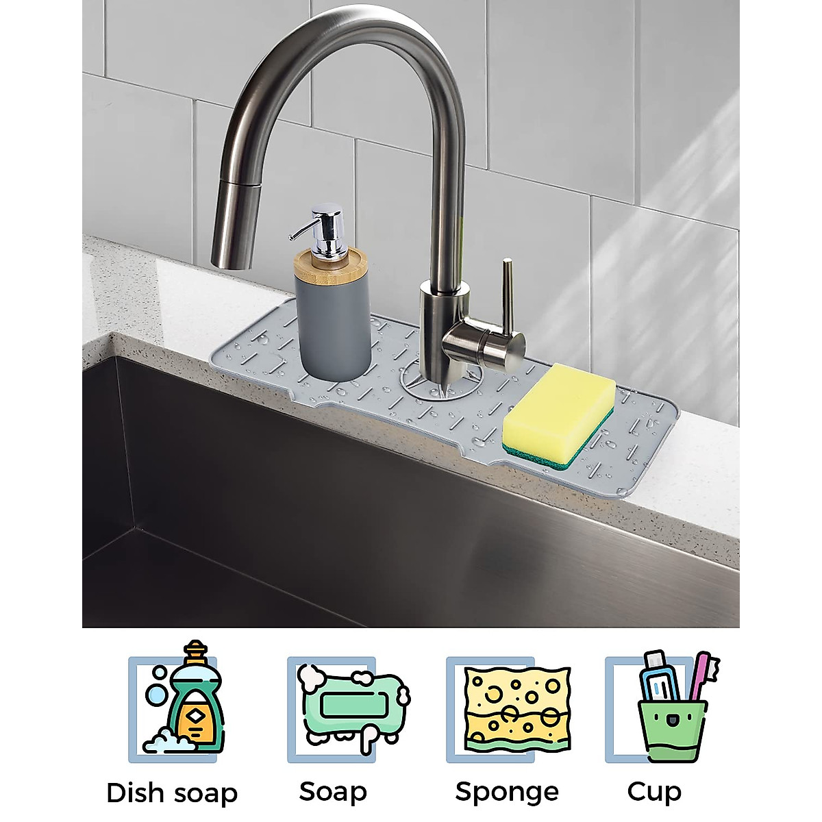 Kitchen Sink Splash Guard - 18 inch Silicone Faucet Handle Drip Catcher Tray, Dish Soap Sponge Holder Mat Behind Faucet, Kitchen Gadgets Sink Accessories Drying Mat Sink Caddy Organizer for Kitchen