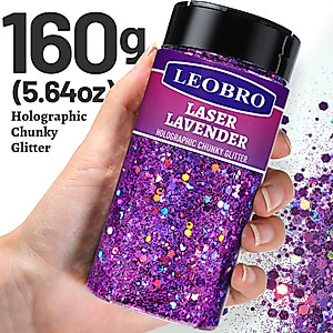 LEOBRO Purple Glitter, 160G/5.64OZ Glitter, Holographic Chunky Glitter, Craft Glitter for Resin, Metallic Iridescent Chunky Fine Glitter Sequin Flake Bulk, Glitter for Makeup Body, Tumblers Glitter