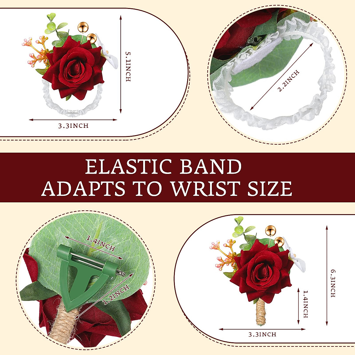 Sherr 20 Pcs Rose Wrist Corsage and Boutonnier Set Flower Wrist Corsage Wristlet Band Bracelet Wedding Bridegroom Men's Boutonniere Wristlet Hand Flower for Wedding Bouquets Supplies (Red)