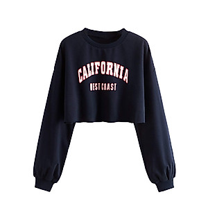 SweatyRocks Women's Casual Long Sleeve Crew Neck Letter Print Crop Top Sweatshirt Navy XS