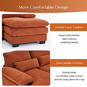 OUYESSIR 114" U Shape Sectional Sofa Cloud Couch for Living Room, Upholstery Comfy Modular Sofa, 4 Seat Chenille L-Shaped Sleeper Sofa with Chaise Lounge, Ottoman & Pillows,Orange