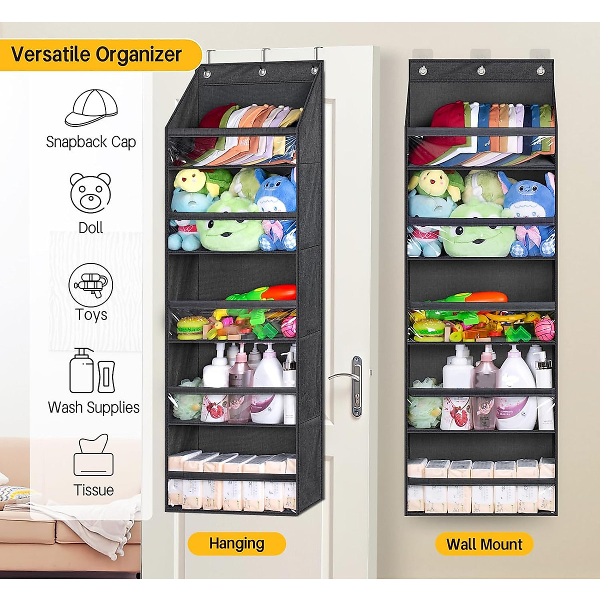 SLEEPING LAMB Over Door Hat Racks for Baseball Caps, Clear Deep Pockets Hat Organizer for Closet or Wall Hold 60 Hats Storage Holder With 3 Hooks Caps Display (Black)