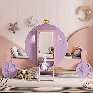 SOFTSEA Princess Twin Bed Frame, Wood Carriage Bed with Stairs, Purple+Pink, 88x55.9x59.1in, 112LBS, 300LBS Capacity, Includes Tools, for Girls