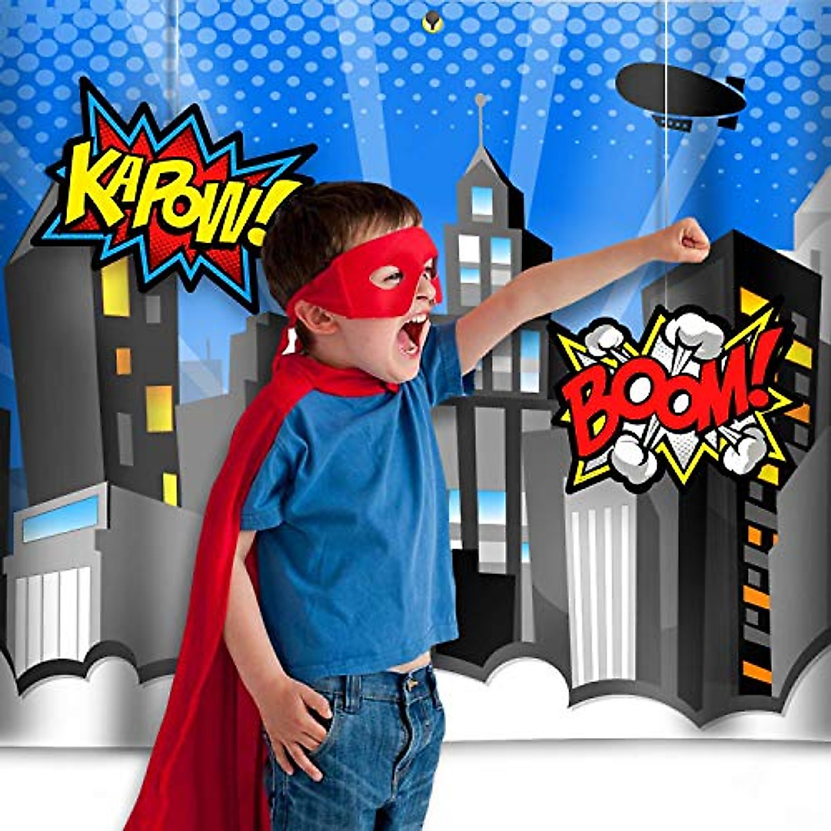 Bigtime Signs XL Superhero Backdrop with 6 Comic Action Word Photo Booth Props - Compliments Any Superhero Party Decorations - 4 x 6 ft - Cityscape Superhero Birthday Decorations Hangs on Wall Easily
