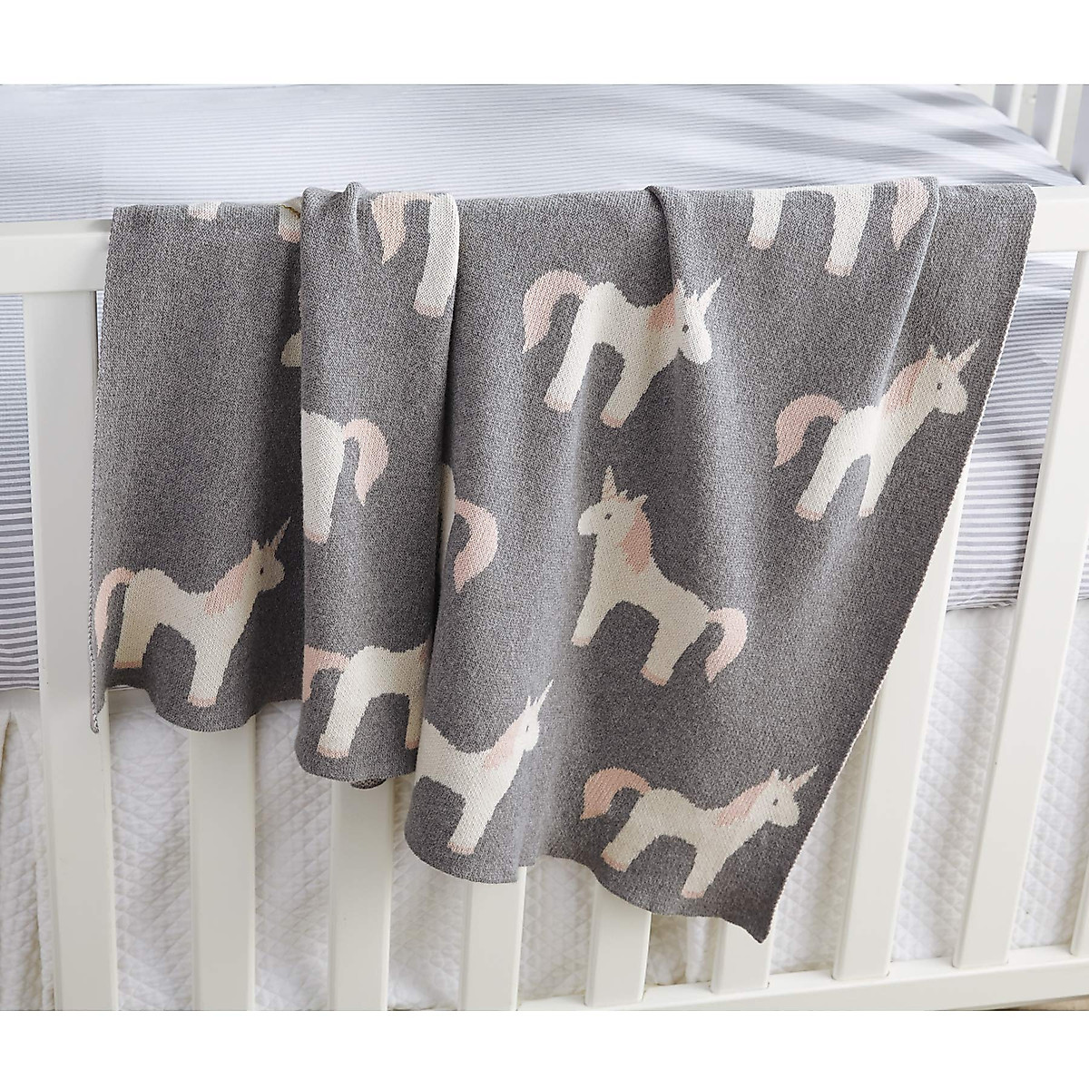 Mud Pie Soft Cotton Nursery Decor Unicorn Blanket, Grey