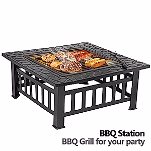 ZENY 32" Outdoor Fire Pit Square Table Metal Firepit Table Backyard Patio Garden Stove Wood Burning Fireplace w/ Waterproof Cover, Spark Screen and Poker