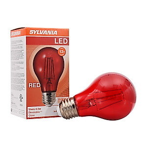 SYLVANIA LED Red Glass Filament A19 Light Bulb, Dimmable, Efficient 4.5W, E26 Medium Base - 1 Pack (70300)