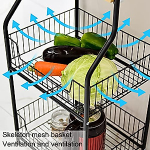 POCHY Multipurpose Kitchen Storage Wagon Rolling Grocery Cart with Metal Mesh Drawers，Wooden Countertop Pulley Storage Trolley Home Office Shelves Black