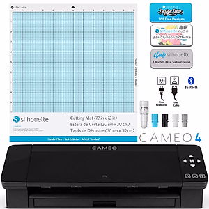 Silhouette Cameo 4 Black Bundle with Vinyl Starter Kit, Heat Transfer Starter Kit, 2 Autoblade-2, CrafterCuts Vinyl Tool Kit, 120 Designs, and Access to Ebooks, Tutorials, Classes.