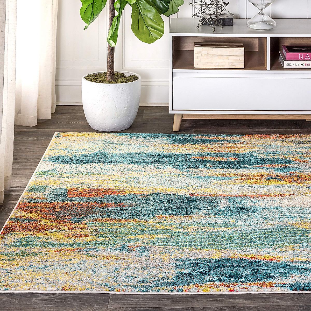 JONATHAN Y CTP106B-4 Contemporary POP Modern Abstract Vintage Waterfall Blue/Cream/Yellow 4 ft. x 6 ft. Area-Rug, Bohemian,Easy-Cleaning,ForBedroom,Kitchen,LivingRoom, Non Shedding