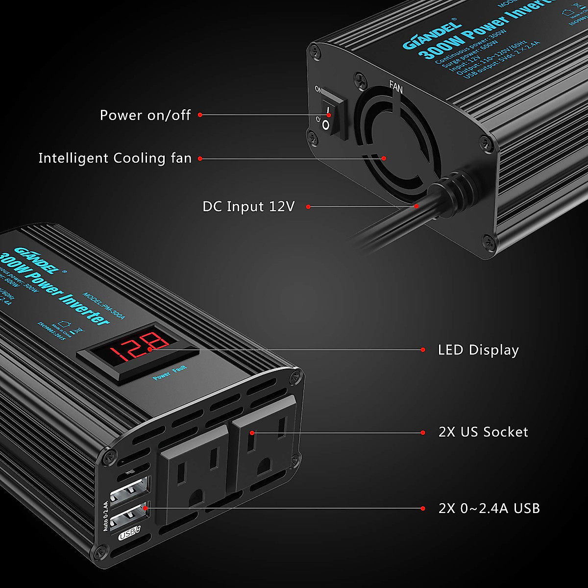 300W Power Inverter DC 12V to AC 120V Car Power Converter Adapter with 2x2.4A USB Ports and LED Display Dual AC Outlets【3YRS Warranty】 Black