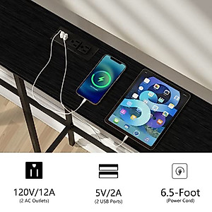 LEOMONIO 7.9" Narrow Sofa Table with Outlet, 70.9" Long Console Table Behind Couch, Skinny Table with Detachable Hooks and Charging Station for Entryway, Hallway, Living Room, Metal Frame & Black Wood