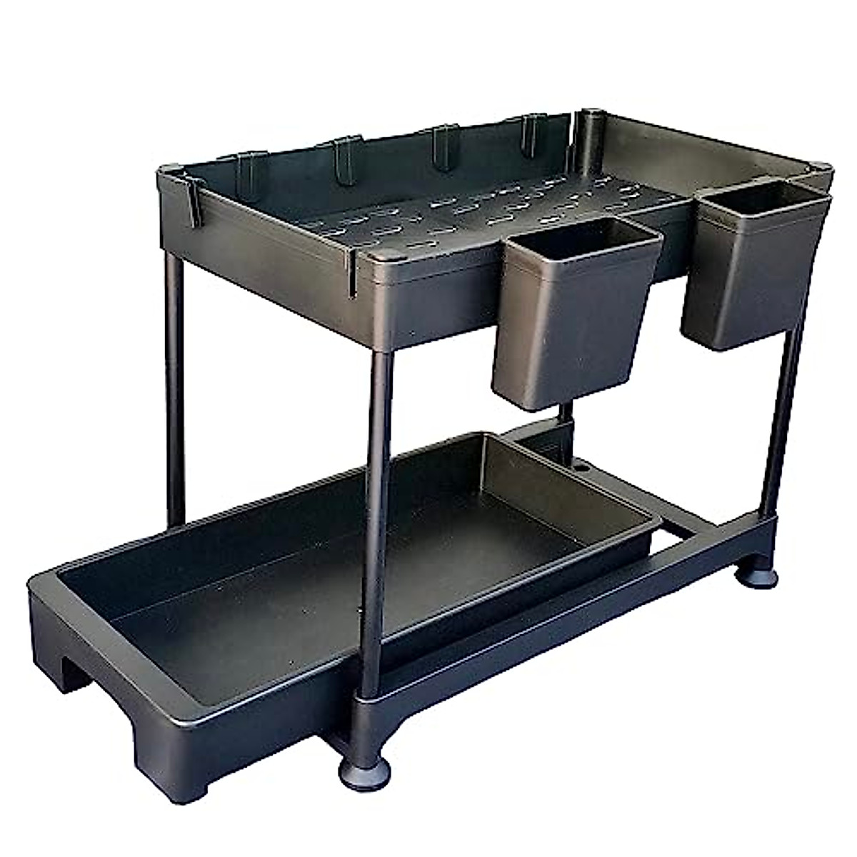 Lowery House 2-Tier Under Sink Organizer - Multifunctional Sliding Storage Countertop Kitchen - Hanging Cups and Hooks - Rust Free & Easy to Assemble