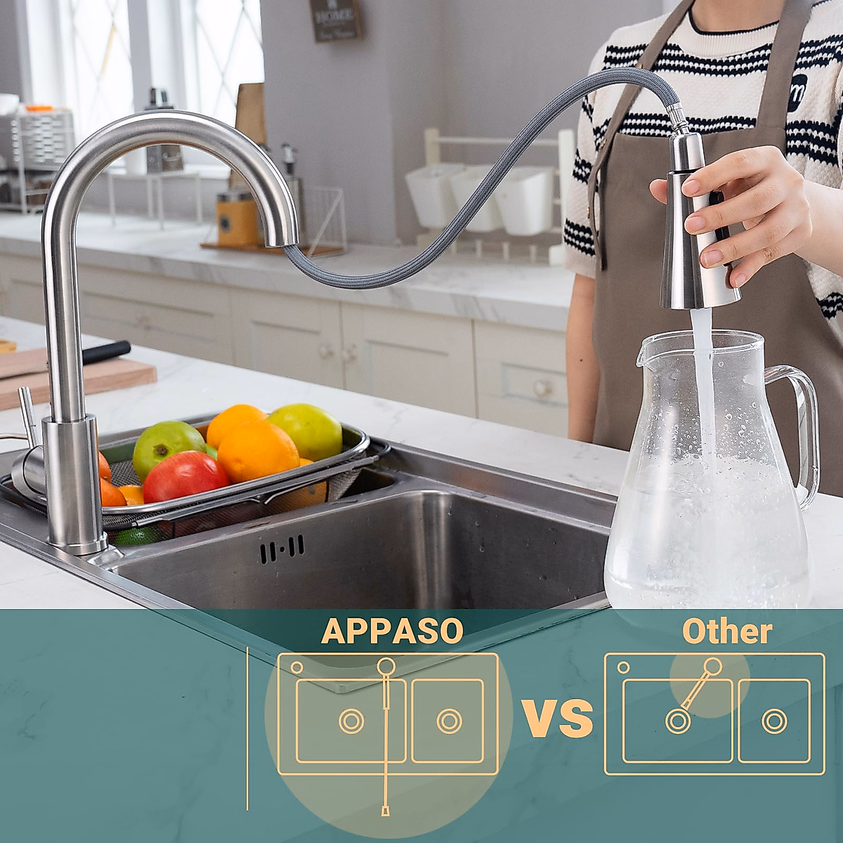 APPASO Kitchen Faucet with Soap Dispenser, Brushed Nickel Kitchen Faucet with Pull Down Sprayer (3 Modes), 304 Stainless Steel High Arc 360 Degree Swivel Single Handle Faucet for Kitchen Sink