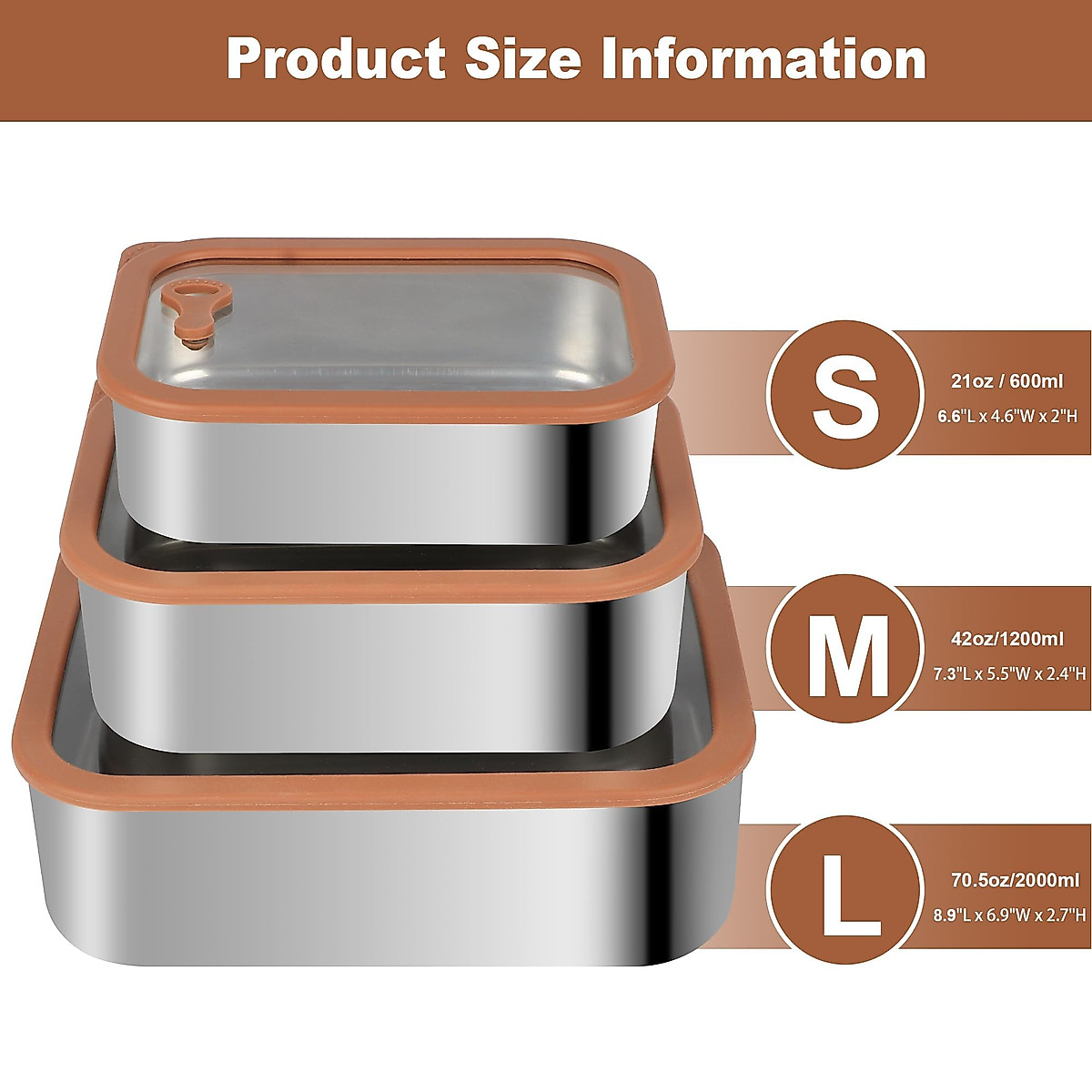 Pulreiush 3pcs Stainless Steel Food Storage Container Set With Lids - Easy Clean, Smell-Proof, Airtight & Leakproof Containers - 3Sizes (21oz/42oz/70oz) - 304 Stainless Steel