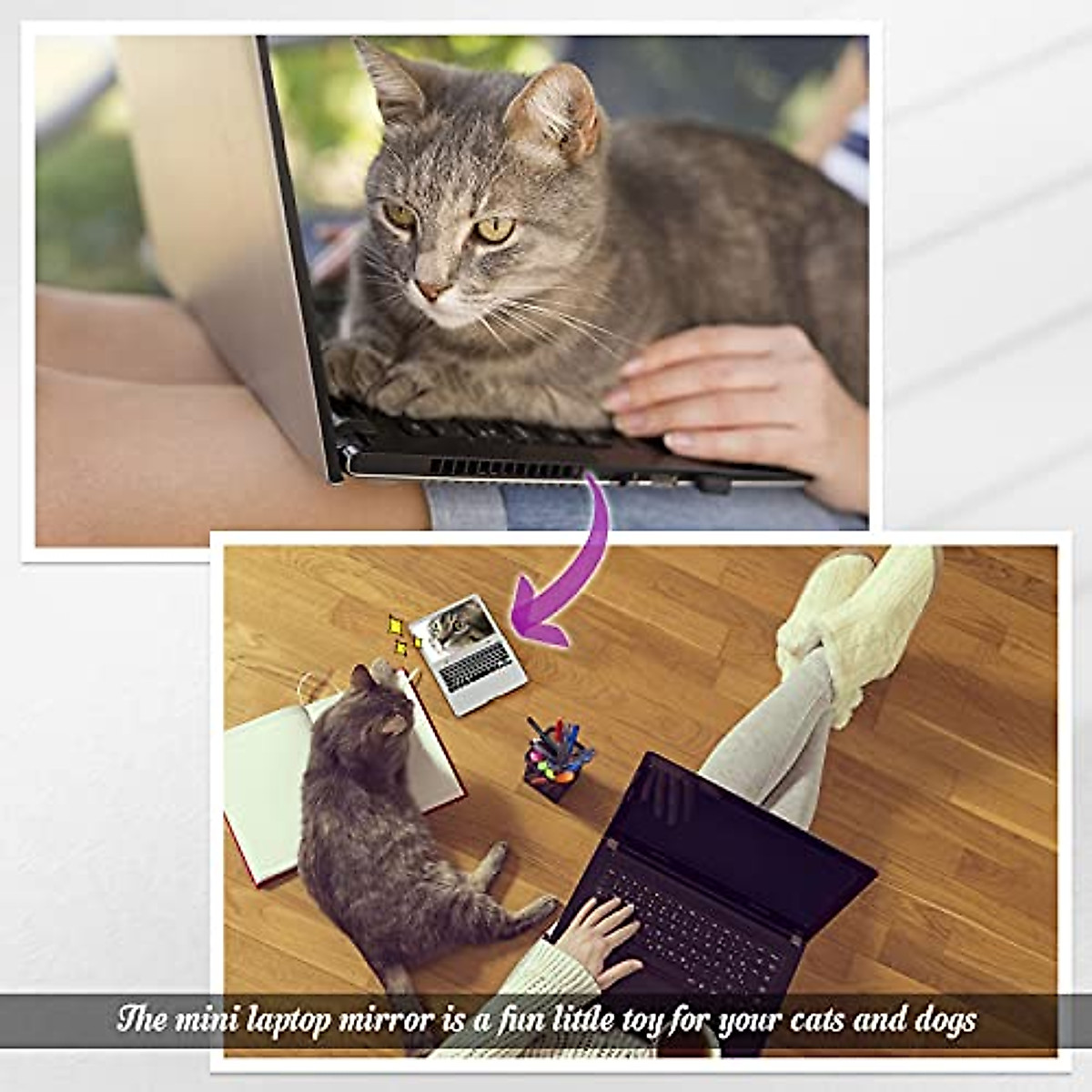 Jetec Mini Laptop Mirror for Cat Toy Laptop Cute Pocket Mirror Cat Laptop 3.7 x 2.5 Inch Folding Toy Cat Computer for Dollhouse Pet Makeup Decoration Fake Laptop(Silver)