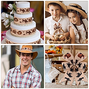 5Rolls Wild Horse Wired Ribbon Horse Head Equid Horseshoe Print Burlap Ribbon for Gift Wrapping Wreath Making for Farmhouse Birthday Horse Racing Party Craft Supplies (Brown)