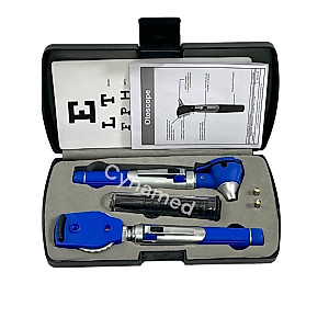 Cynamed Otoscope Set - Fiber Optic Double Handle Multi-Function Ear Scope for Ear & Eye Examination - Includes Hard Case (Blue)