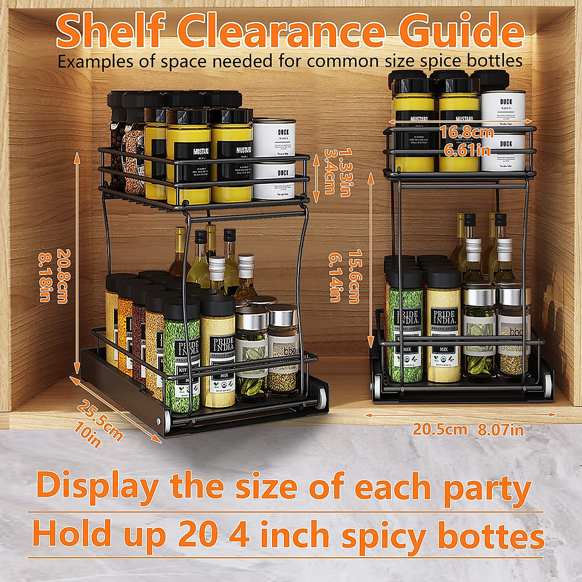 Pull Out Snack Cupboard Organizers with Two Tier Sliding Small Spice Rack for Inside Cabinet,Under Kitchen Bathroom Sink Drawer Organization Baskets and Storage Fits Spices, Sauces, Cans (10"x8"x8")