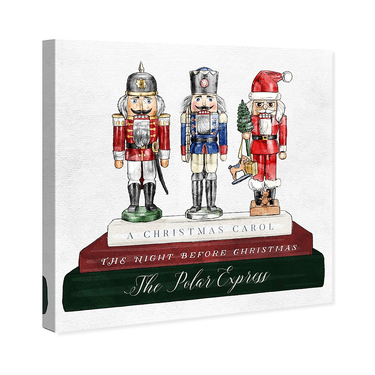 Wynwood Studio WynHoliday Christmas Seasonal Canvas Wall Art Painting Print 'Holiday Nutcracker Books' Christmas Home Décor, 12" x 12", Green, Red