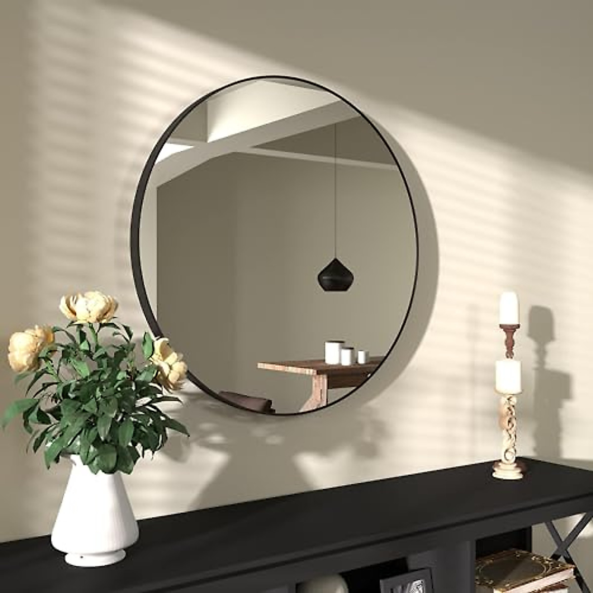 B&C 36 inch Round Mirror with 1-9/16" Matte Black Aluminum Frame, Black Metal Frame Circle Mirror, Circular Wall Mirror for Bathroom
