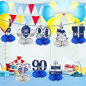 Kauayurk 8Pcs 90th Birthday Honeycomb Centerpieces Decorations for Men, Blue Silver 90 Year Old Birthday Table Centerpiece Party Supplies, 90 Birthday Table Topper Decor Sign