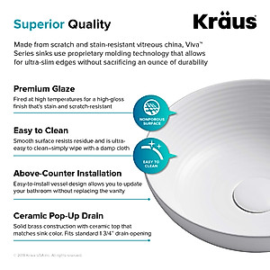 KRAUS Viva™ Round White Porcelain Ceramic Vessel Bathroom Sink with Pop-Up Drain, 13 in. D x 4 3/8 in. H, KCV-204GWH