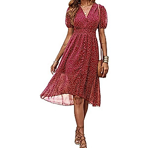 PRETTYGARDEN Red Dress for Women Dressy Bohemian Dress for Beach Pleated Modest Knee Length Swing Dresses Plus Size Vacation Lightweight Dress Casual Floral Dress(Red, Small)