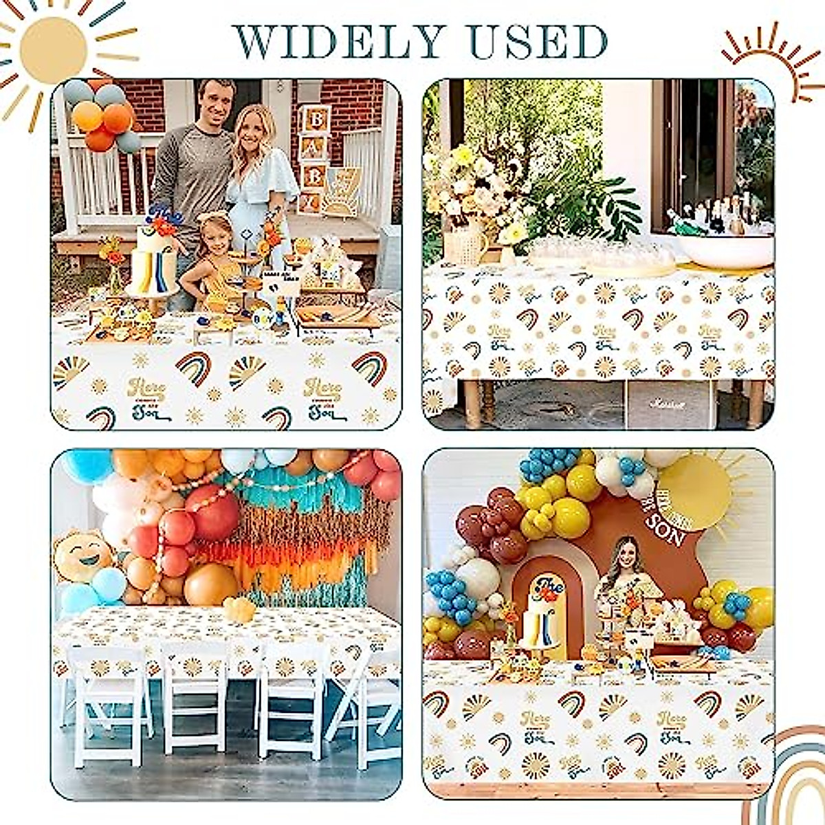 Lopeastar 3 Pieces Here Comes The Son Baby Shower Decorations Tablecloths, Large Size 54 x 108 Inch Rectangular Plastic Boho Sun Party Table Cover, Sunshine Table Cloths for Boys Kids