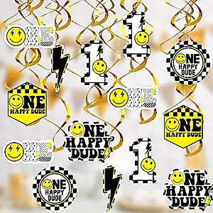 Tenceur 30 Pack One Happy Dude Hanging Swirl 1st Birthday Party Decorations Smile Face Hanging Swirl Decor Foil Ceiling Streamers Groovy One Happy Dude Birthday Party Supplies for Boys Girls