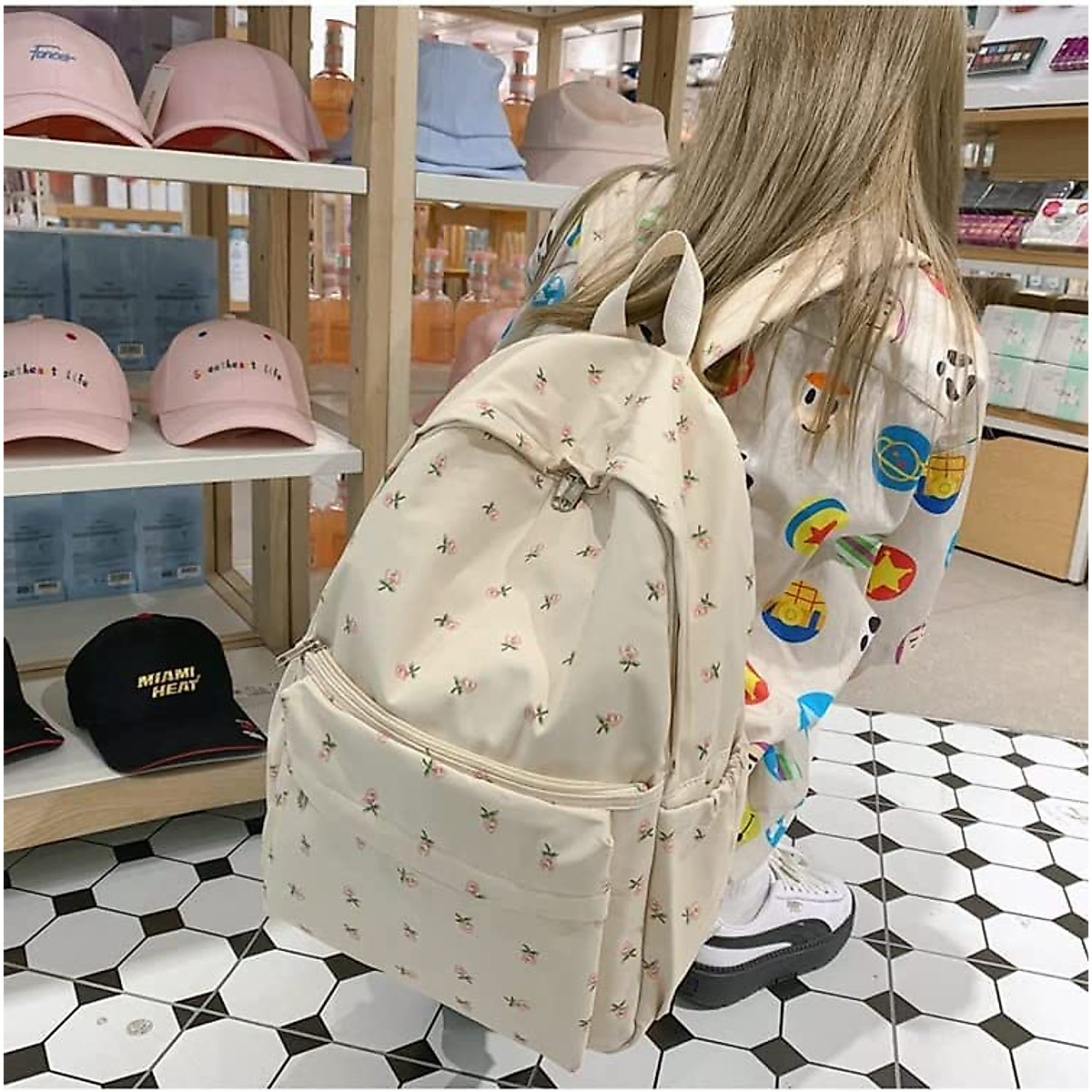 2023 Cute Preppy School Bag Floral Printed Kawaii Backpack Cottagecore Aesthetic Backpack BookBag Laptop Daypack (White)