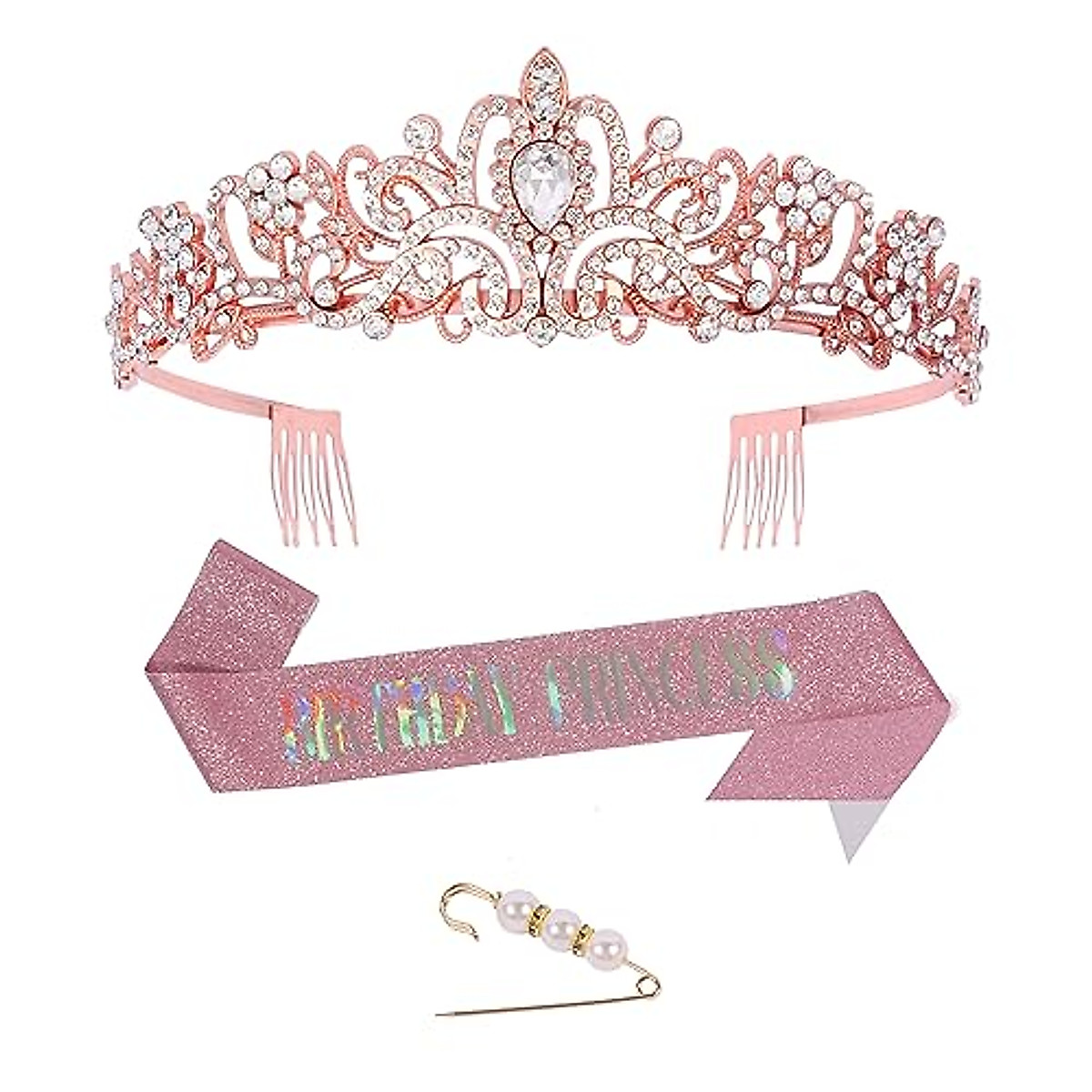 LMJUNZZ Rose Gold Birthday Princess Sash and Crown Set, Adjustable Glitter Sash Rhinestone Crown, Brooch, for Girls' Birthday Decorations